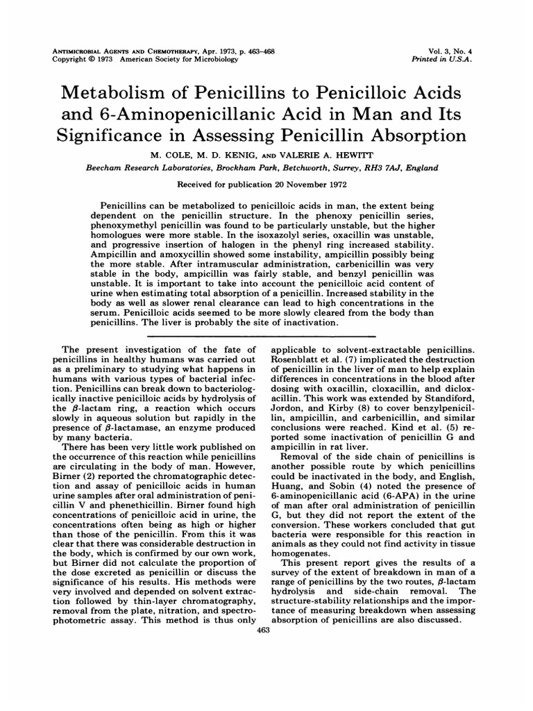 Metabolism of Penicillins to Penicilloic Acids and 6-Aminopenicillanic ...