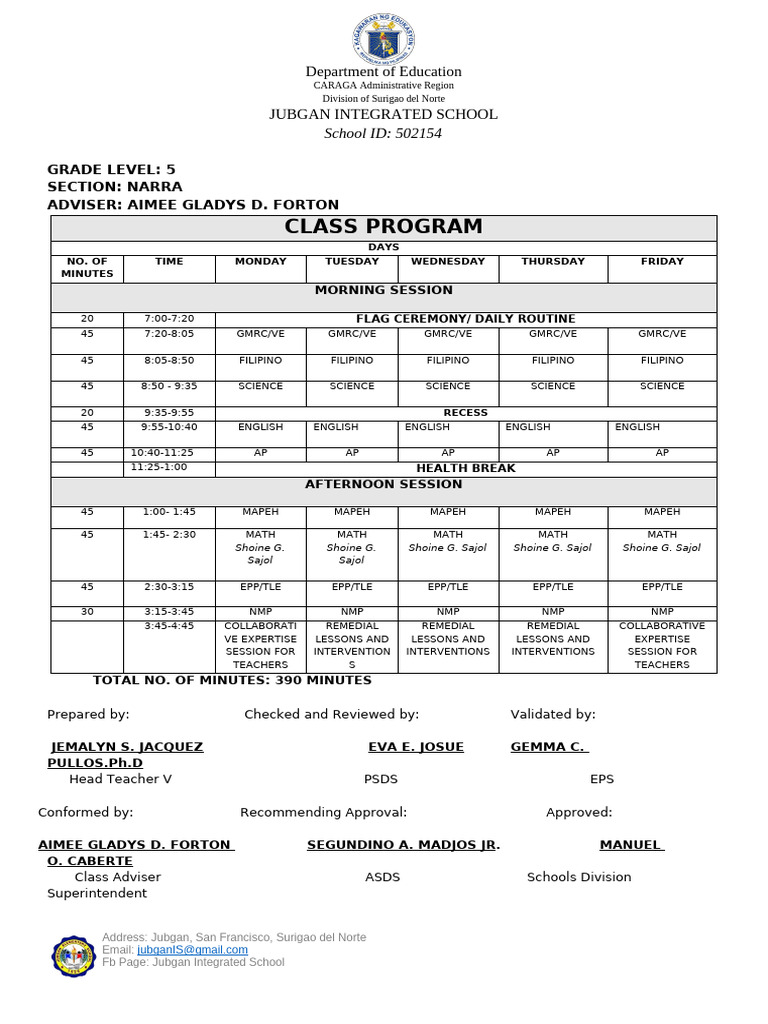 Class Program, Grade 5-NARRA | PDF Class Program, Grade 5-NARRA | PDF