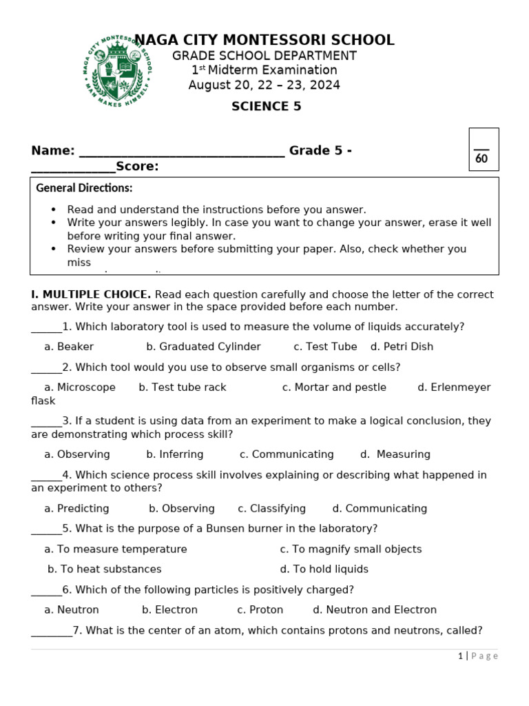 Grade 5 Science Midterm Exam Guide | PDF | Atoms | Teaching Methods & Materials