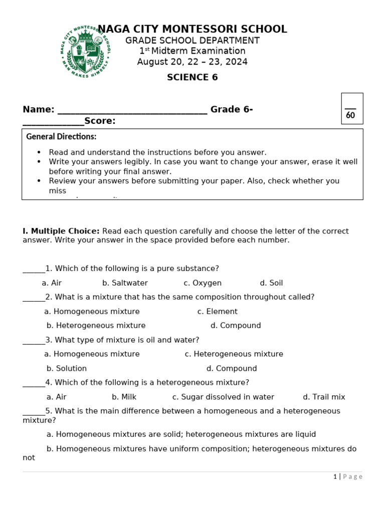 Science 6 Midterm Exam Guide | PDF | Mixture | Career & Growth