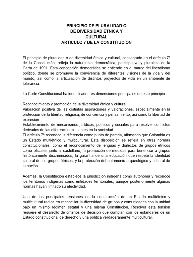 Principio de Pluralidad o de Diversidad Étnica y Cultural Articulo 7 de La Constitución | PDF
