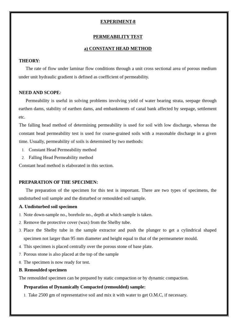 Permeability of Soil by Constant Head & Falling Head Test | PDF