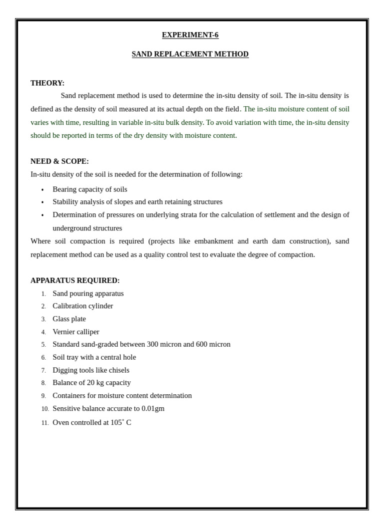 Field Density by Sand Replacement Method | PDF | Density | Volume