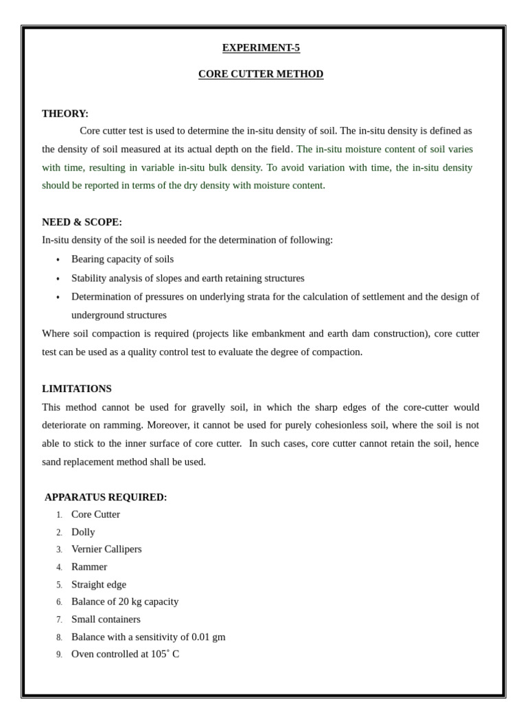 Field Density by Core Cutter Method | PDF | Density | Home & Garden