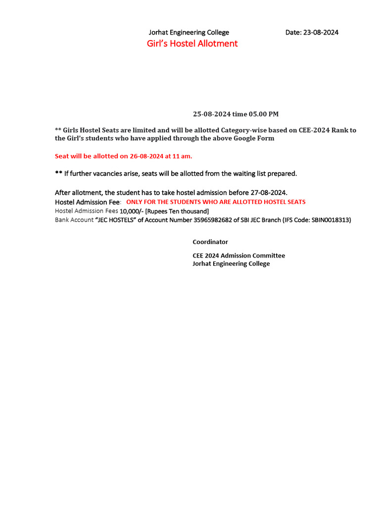 Notice 1st Year Girls Hostel 23-8-2024 | PDF