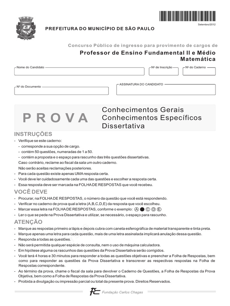 Prova - Professor de Matemática - FCC SP - III | PDF | Aprendizado | Conhecimento