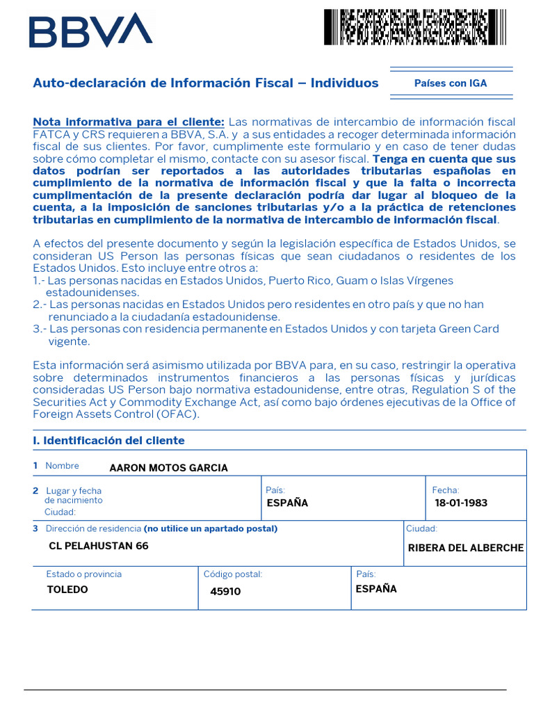 Autodeclaración Fatca - CRS | PDF