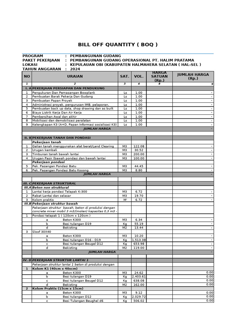 BoQ GUDANG Operasional PT. Halim Pratama Kosong | PDF