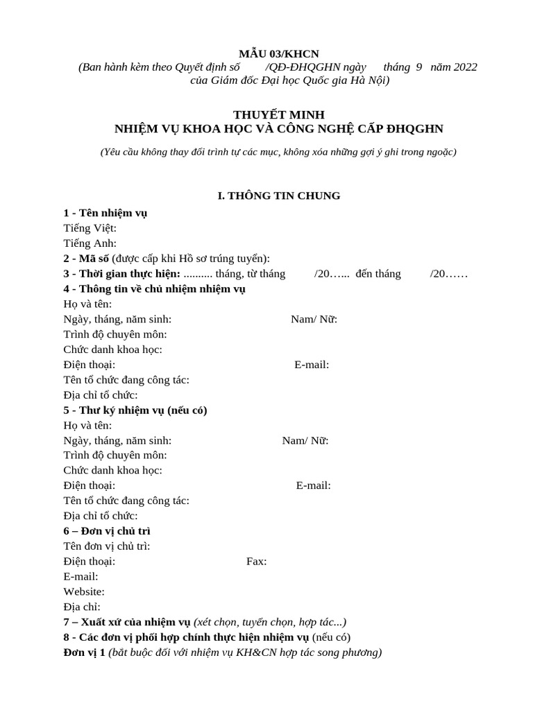 Bieu Mau Nhiem Vu KHCN 2022 | PDF