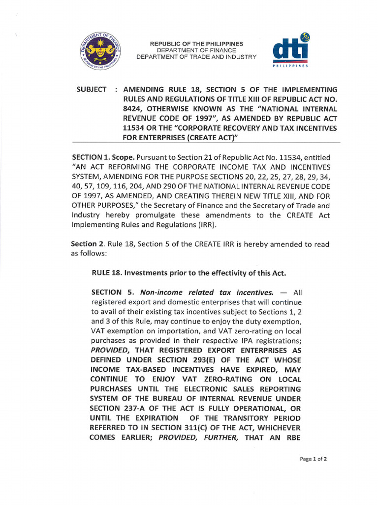 EX00288593 Amendment To Rule 18, Section 5 of The IRR of Republic Act No. 11534 or The CREATE ...