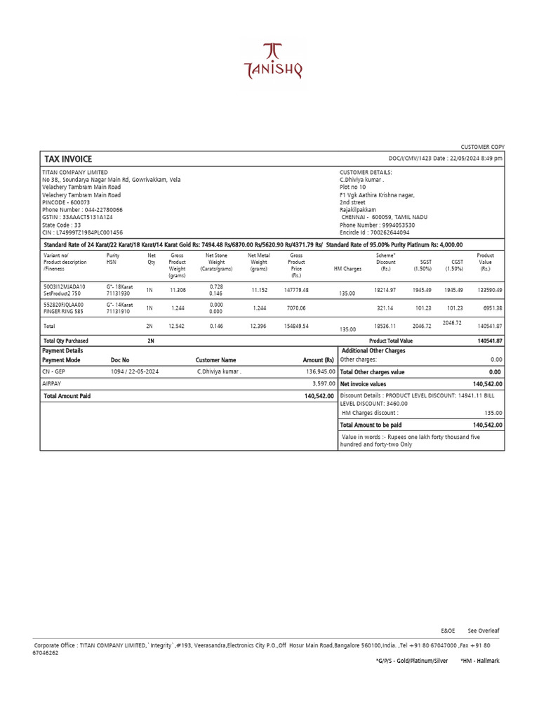 Tax Invoice: Value in Words:-Rupees One Lakh Forty Thousand Five ...