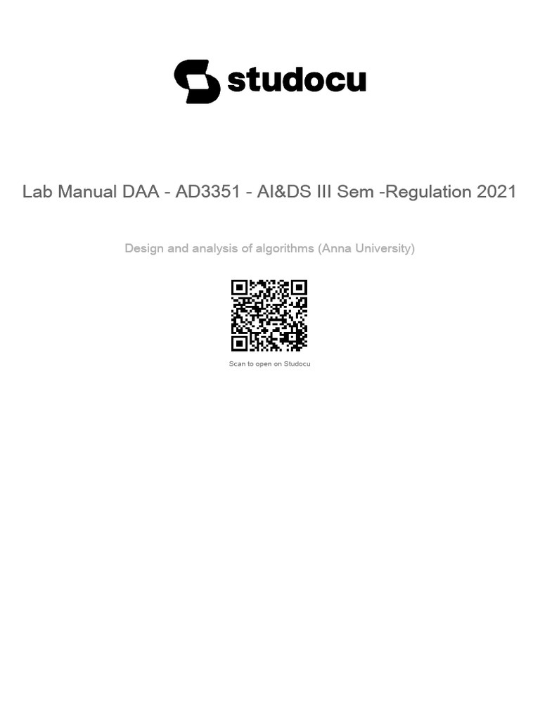 Lab Manual Daa Ad3351 Aids III Sem Regulation 2021 | PDF Lab Manual Daa Ad3351 Aids III Sem Regulation 2021 | PDF
