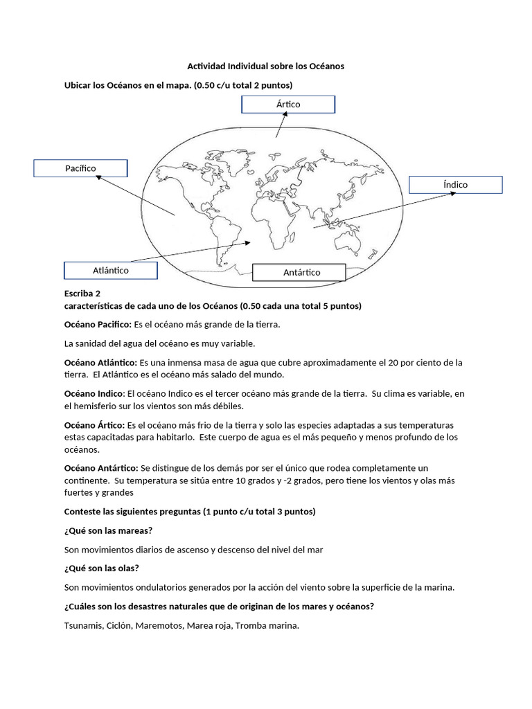 Actividad Sobre Los Oceanos TT | PDF