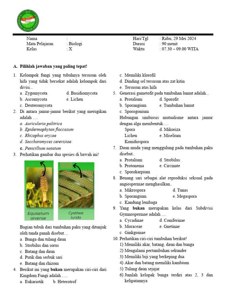 Soal Pas Genap Biologi KLS X | PDF