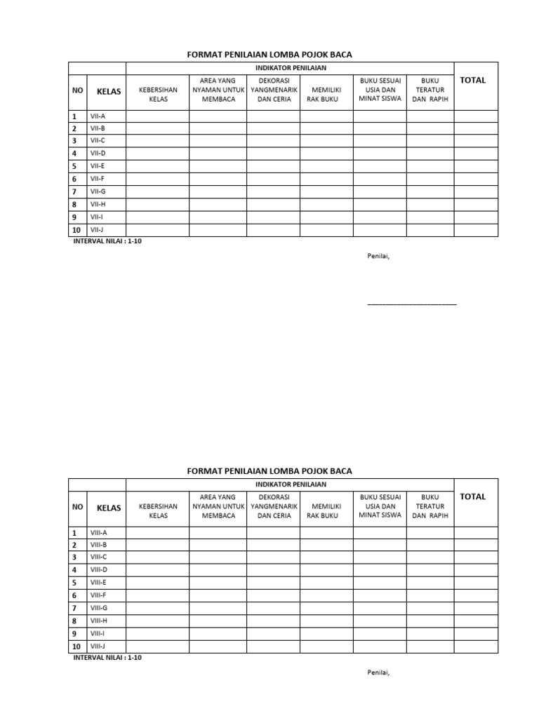Format Penilaian Lomba Pojok Baca | PDF
