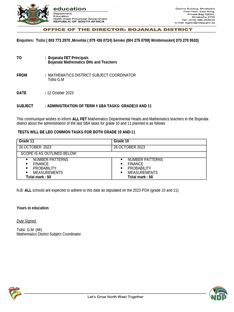2023 Term 4 Maths Sba Tasks Grade 10 and 11 | PDF