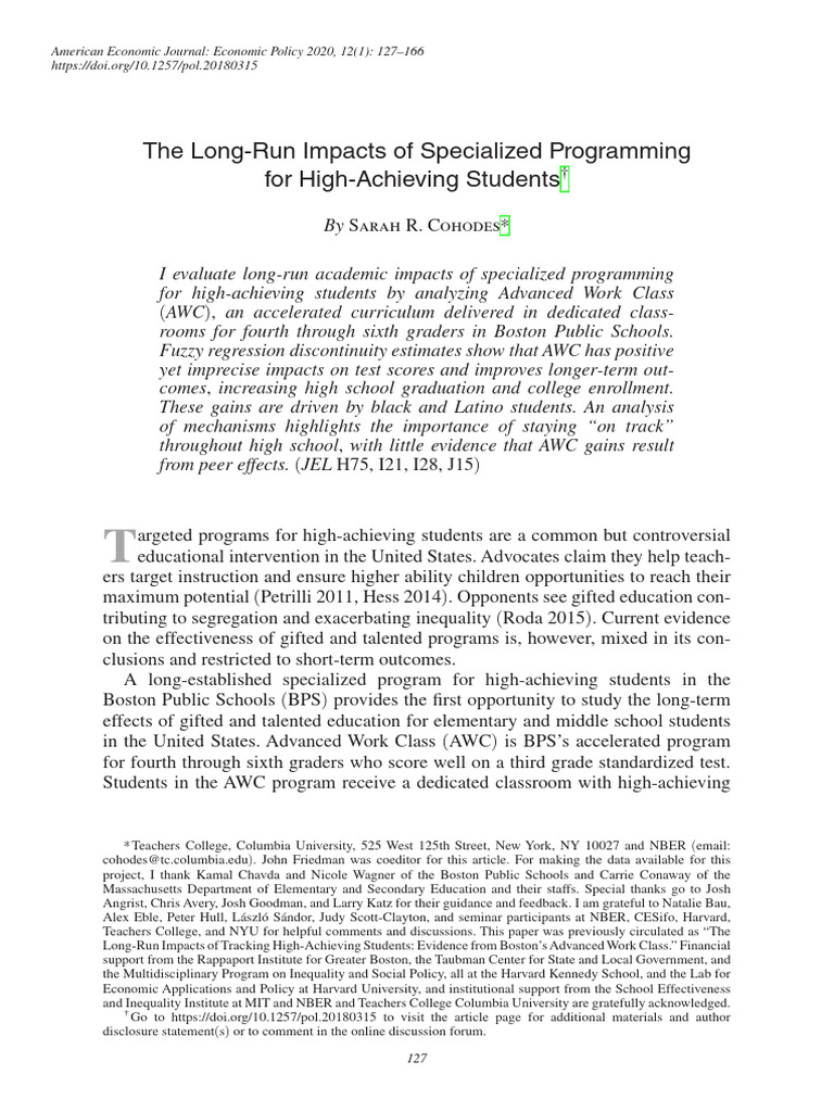 Cohodes 2020 The Long Run Impacts of Specialized Programming For High Achieving Students | PDF