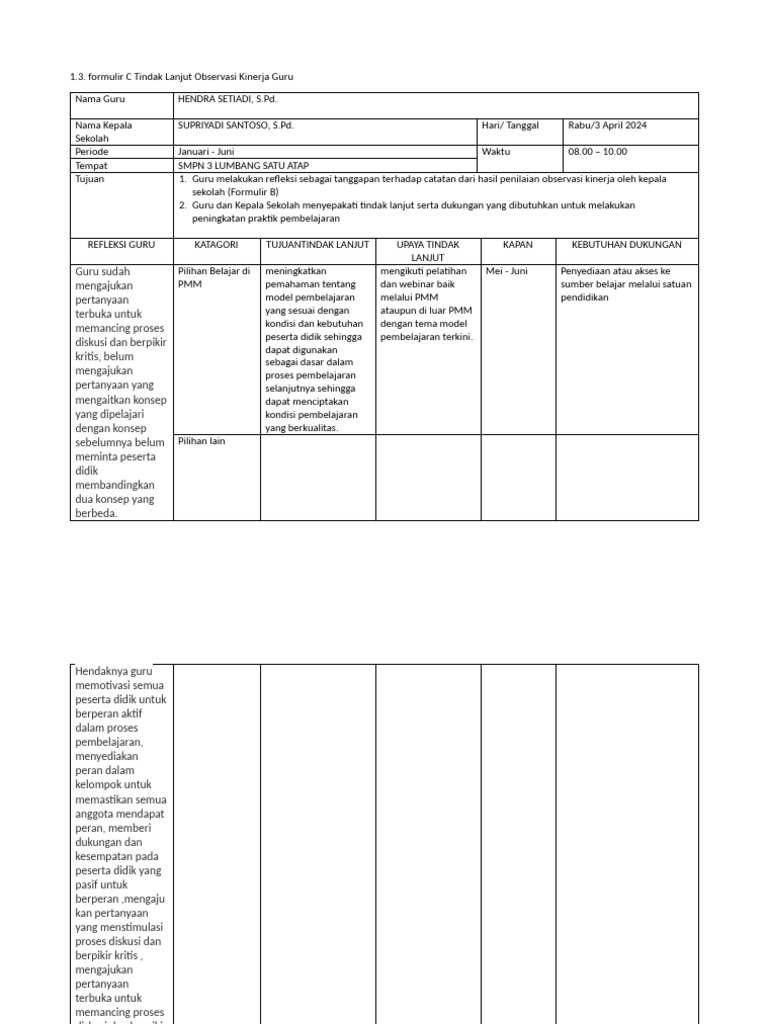 1.3. Formulir C Tindak Lanjut Observasi Kinerja Guru | PDF