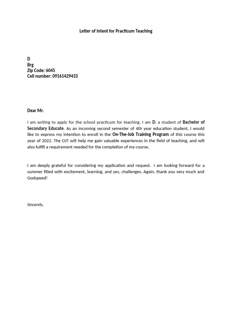 Letter of Intent For Practicum Teaching | PDF