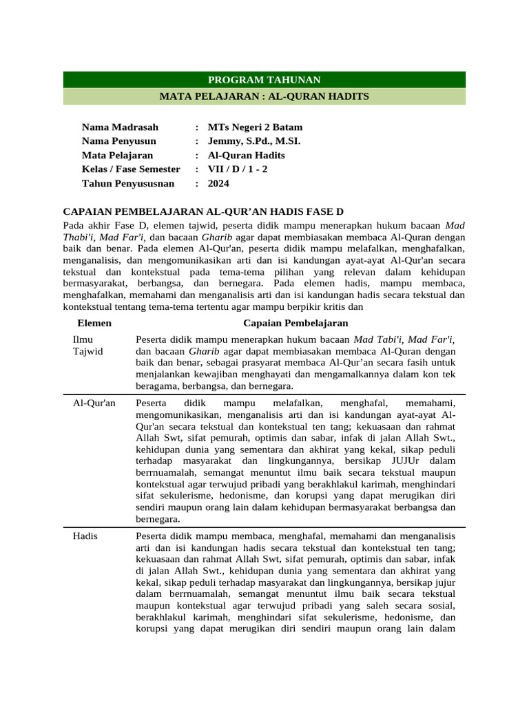 Prota Al-Quran Hadis 7 MTs | PDF