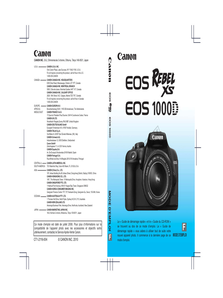 Manuel D'utilisation Canon 1000D | PDF