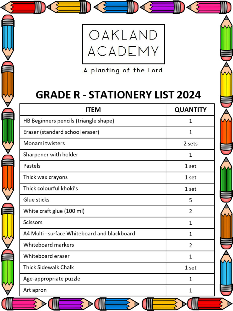 Grade R Stationery List 2024 | PDF