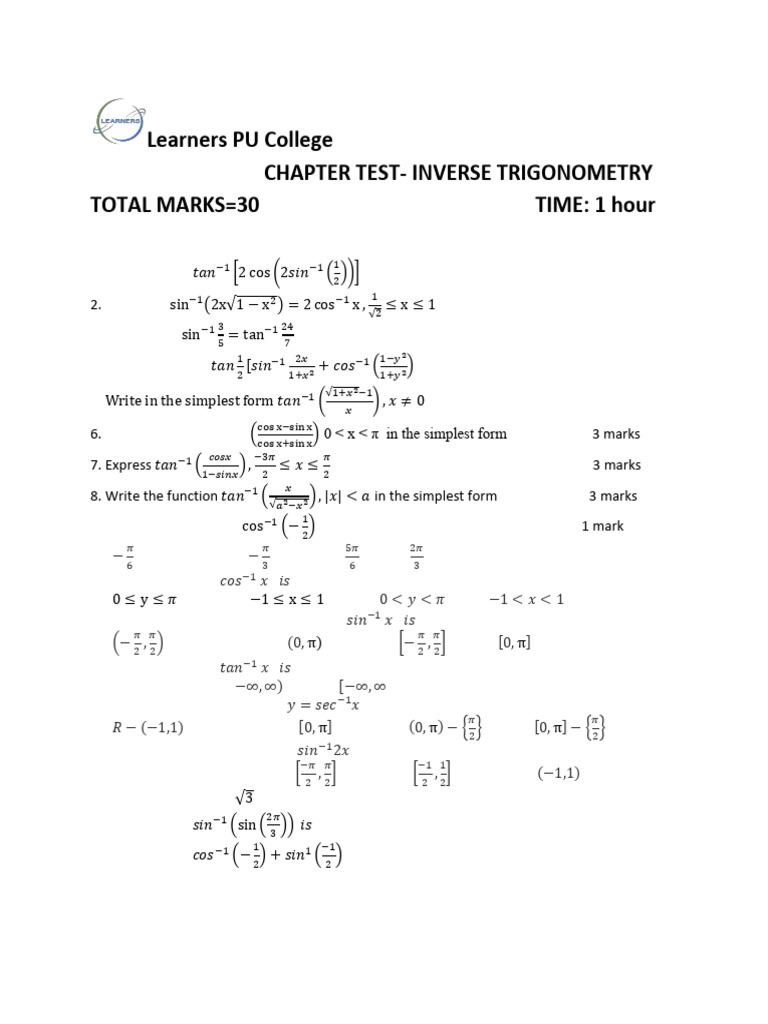 Inverse Trig. Chapter Test | PDF | Elementary Mathematics | Classical ...