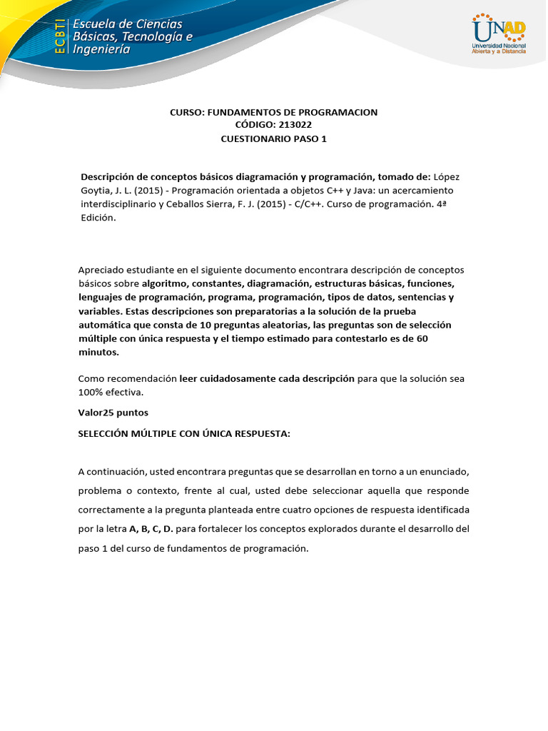 Paso 1 - Cuestionario de Conceptos Básicos de Programación | PDF