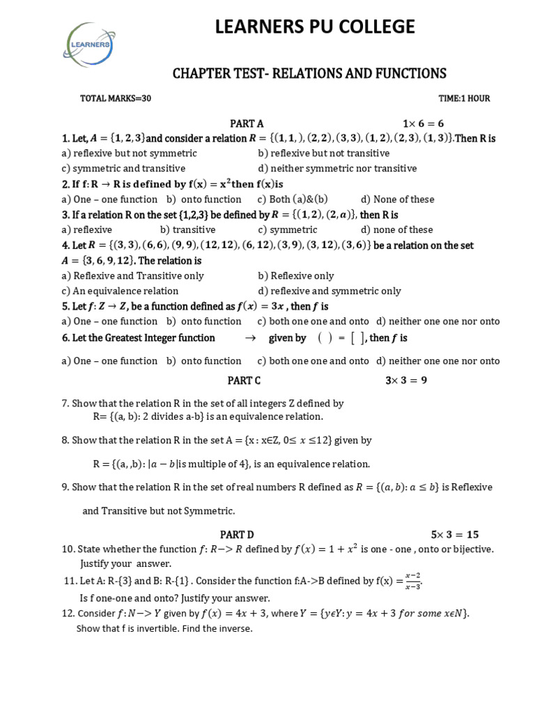 1.relations and Function Chapter Test | PDF | Function (Mathematics ...