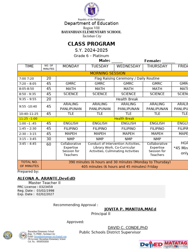 CLASS PROGRAM GRADE 5 2024-2025 Edited | PDF