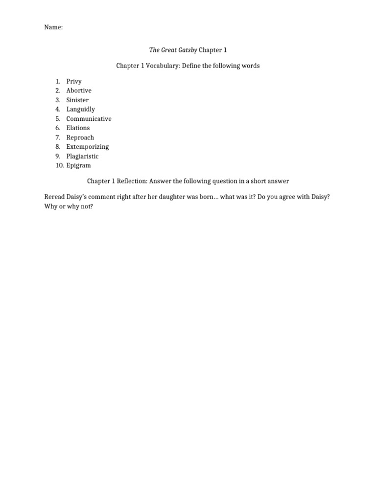 The Great Gatsby Chapter 1 Vocab and Reflection | PDF