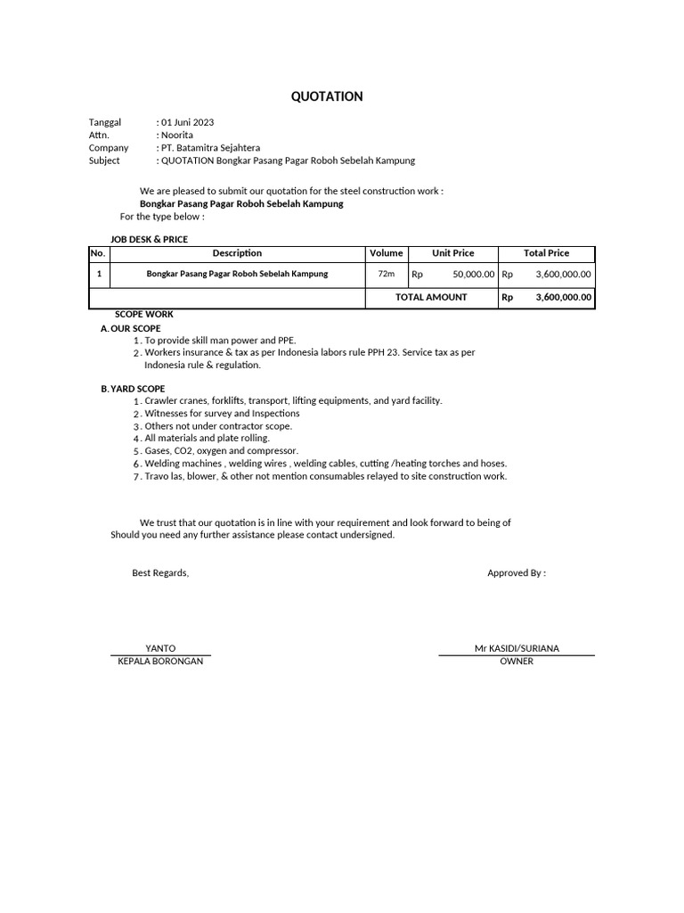 Quotation Pak Yanto (05!07!23) | PDF