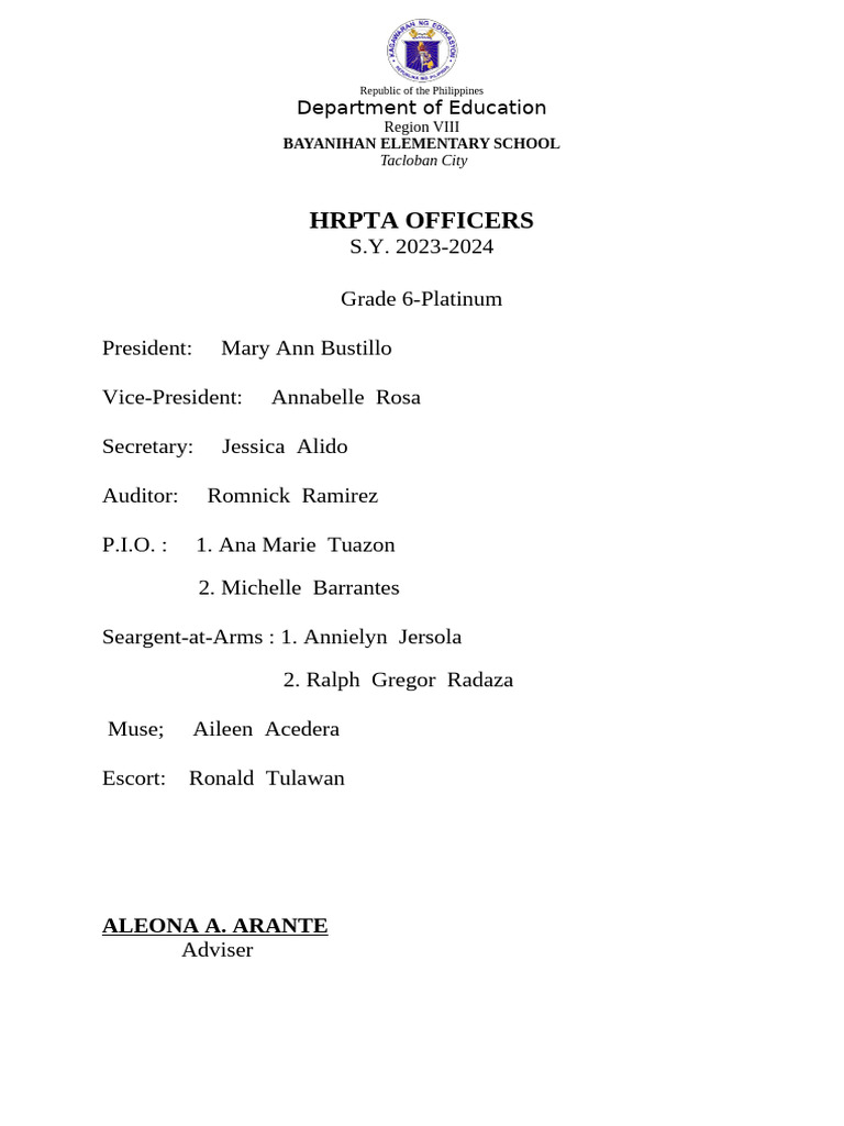HRPTA Officers 2024-2025 | PDF