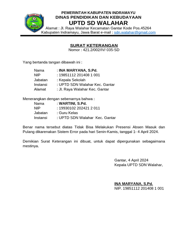 Surat Keterangan Absen Eror | PDF