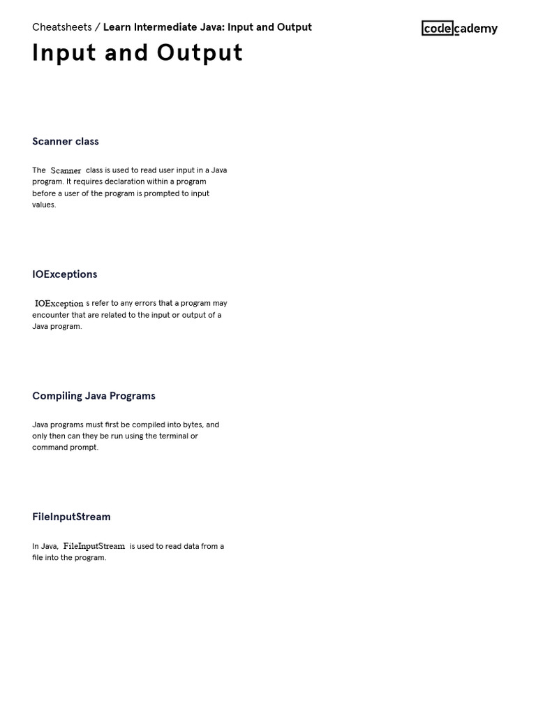 Learn Intermediate Java - Input and Output - Input and Output Cheatsheet - Codecademy | PDF