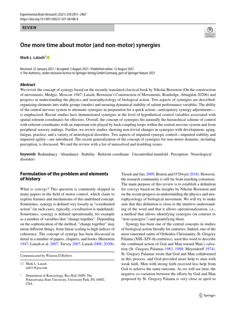 One More Time About Motor (And Non Motor) Synergies: Mark L. Latash | PDF