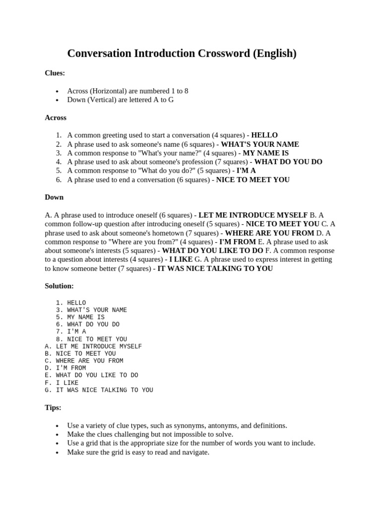 TTS Conversation Introduction Crossword | PDF