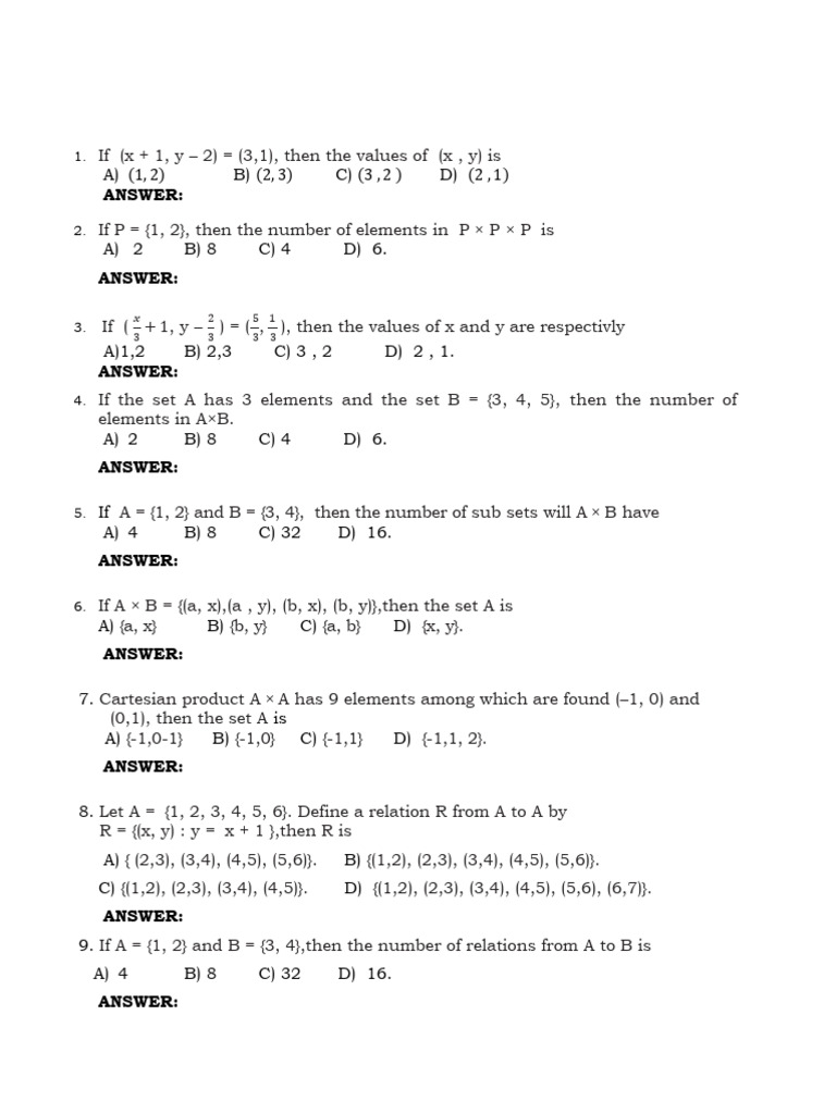 Sample Mcq i Pu Mathematics Relations and Function -2 | PDF