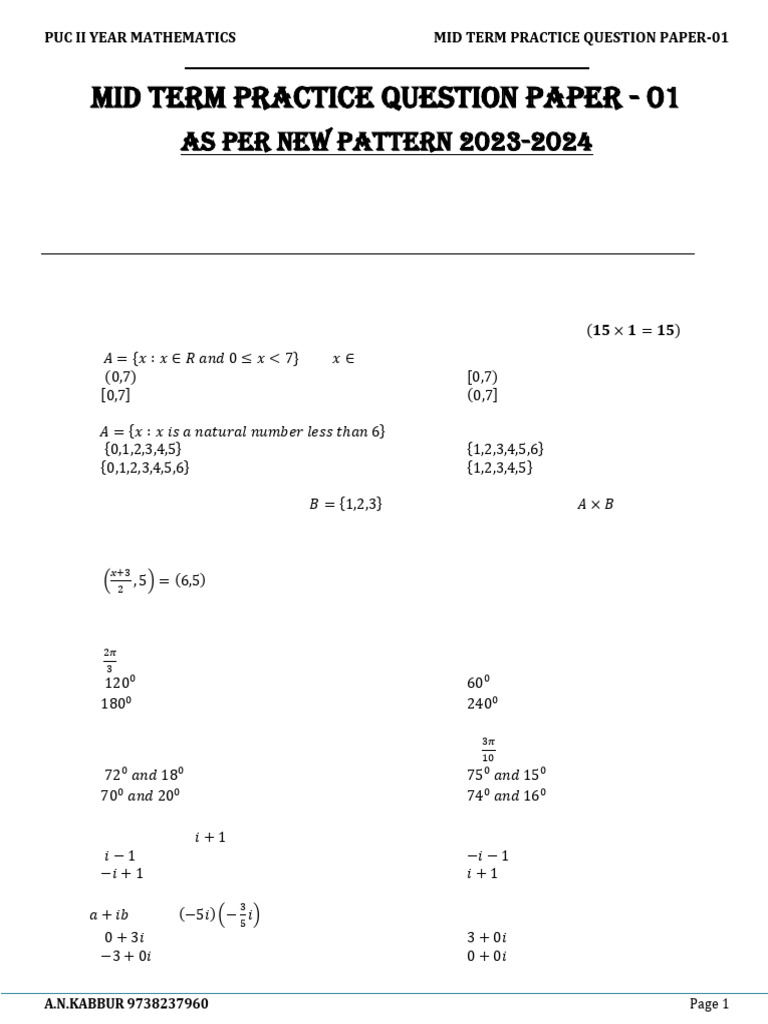 Mid Term QP 01 Puc I Maths 2023 | PDF