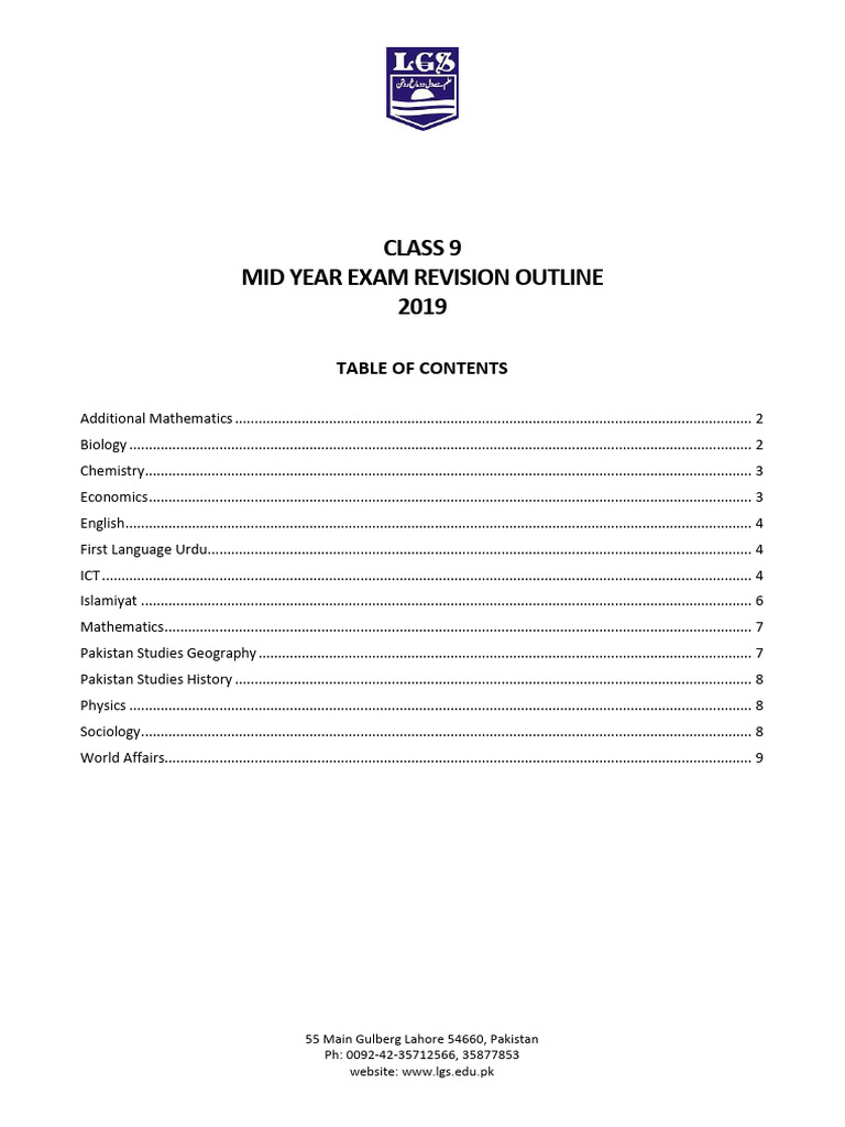Class 9 Revision Outline For Mid Year Exams 2019 | PDF