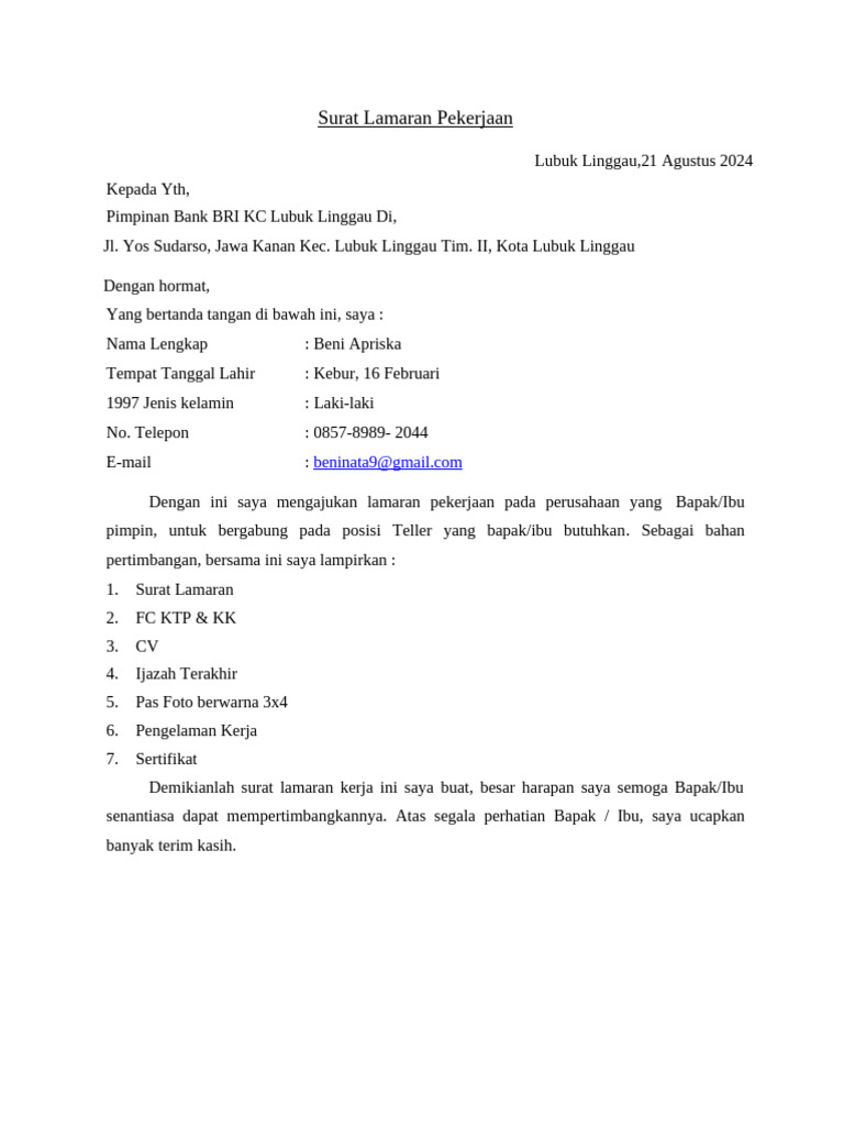 Berkas Lamaran Beni Apriska Bank Bri KC Lubuklinggau | PDF