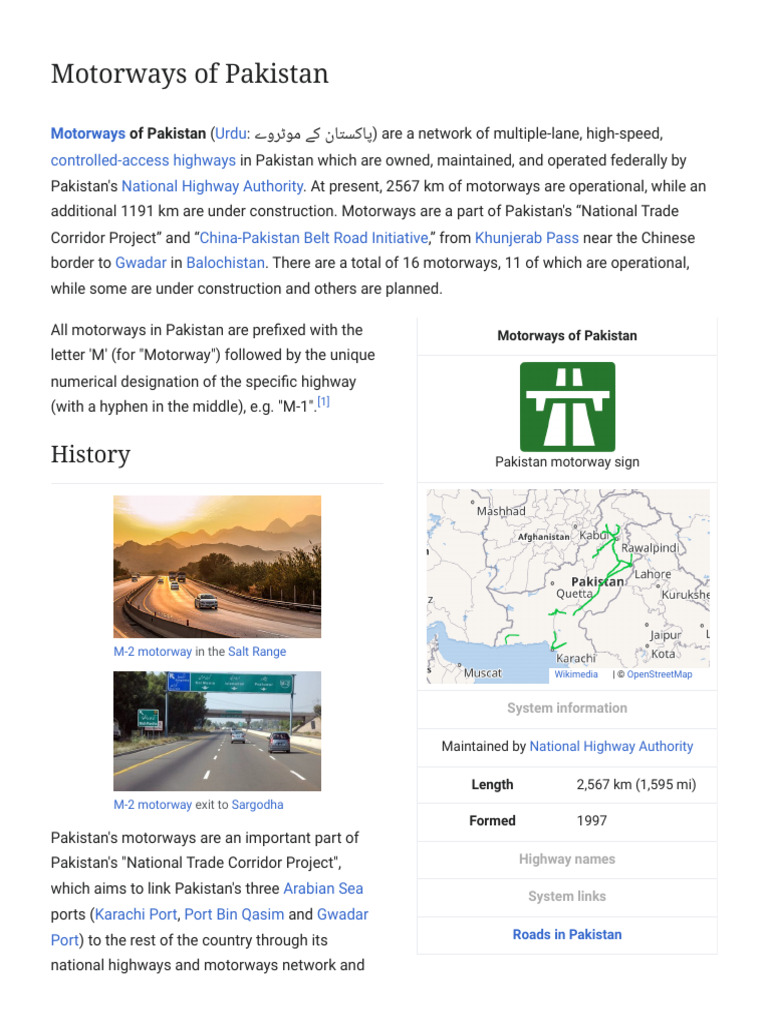 Motorways of Pakistan - Wikipedia | PDF