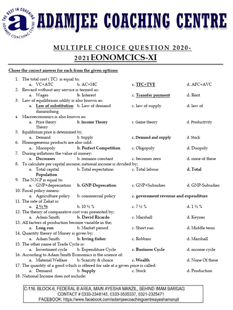 XI Economics MCQS | PDF