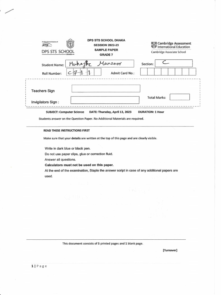 Computer Science Practice Paper | PDF