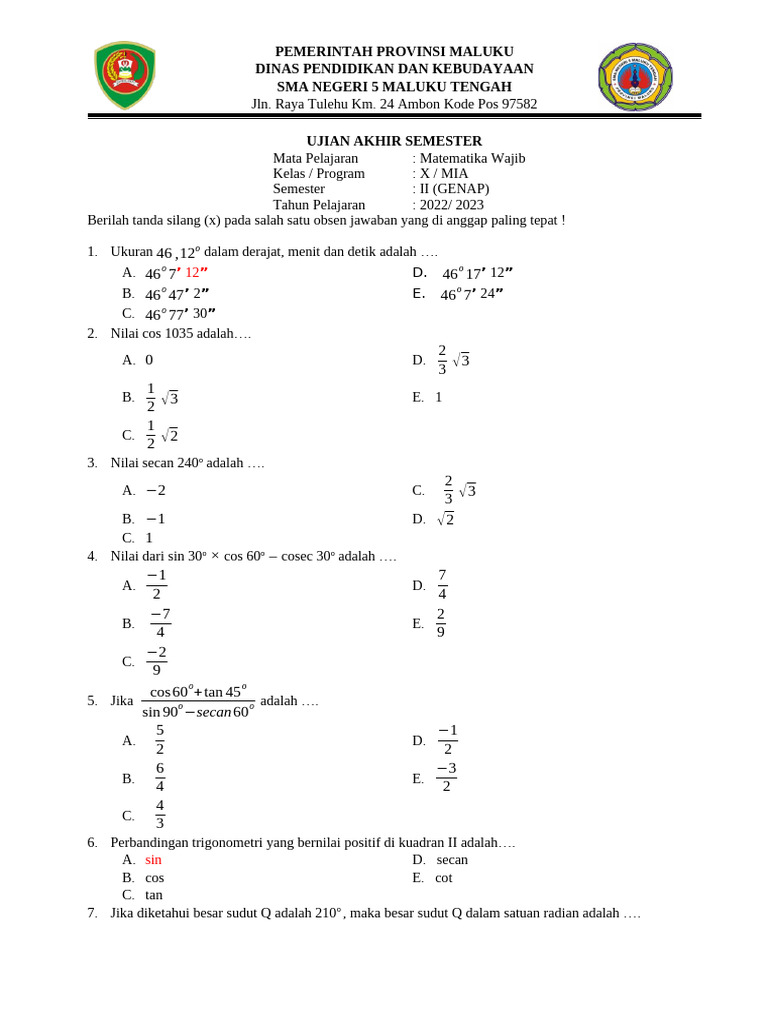 Soal UAS Genap MTK Wajib Kls X 2022-2023 | PDF