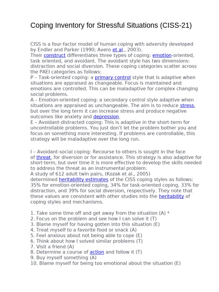 Coping Inventory For Stressful Situations (CISS-21) | PDF