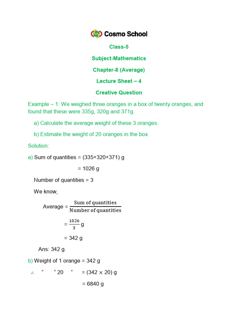 Class - 5, Sub - Math, Chapter-Average, Lecture - 4 | PDF | Mathematics