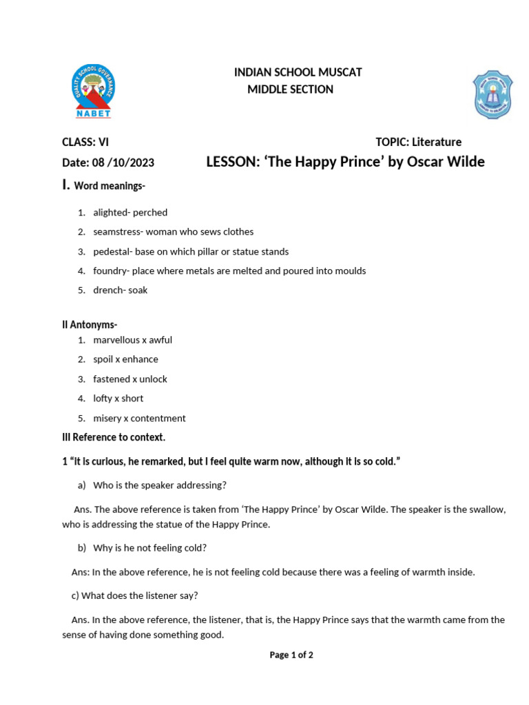 Class 6 - The Happy Prince | PDF