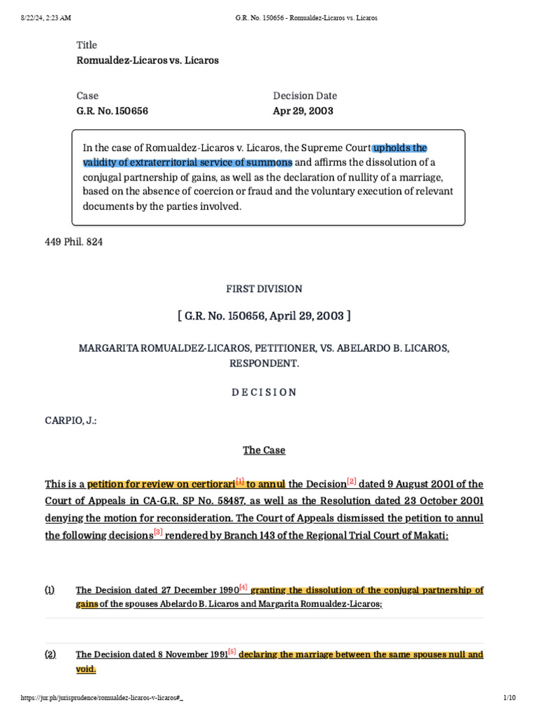 G.R. No. 150656 - Romualdez-Licaros vs. Licaros | PDF