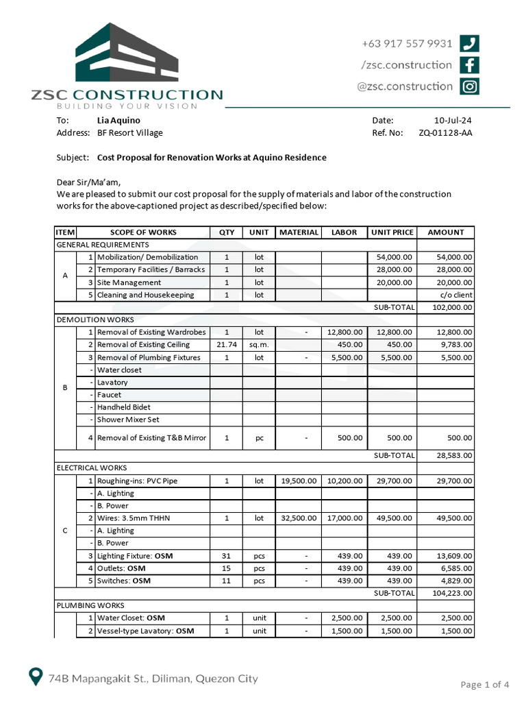 Cost Proposal Aquino 1128 AA | PDF